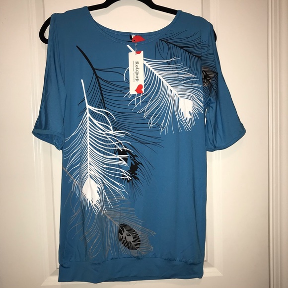 Tops | Nwt Light Blue Peacock Feather Cold Shoulder Top | Poshmark